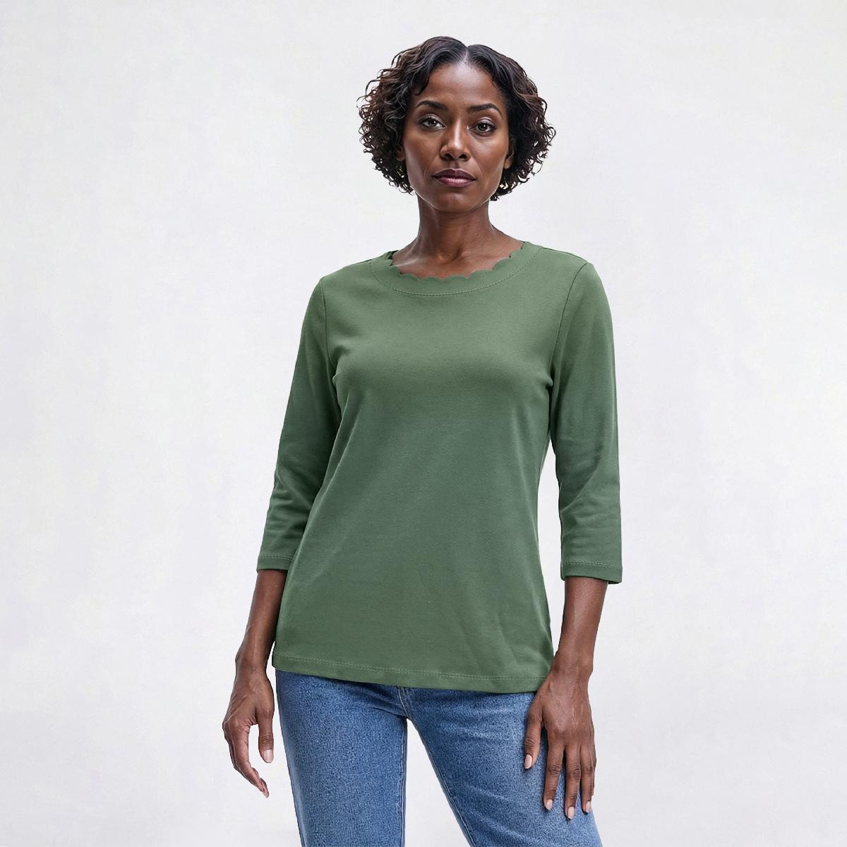 Click here for Womens Hasting & Smith 3/4 Sleeve Scallop Neck Tee prices